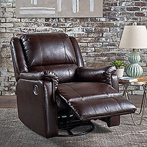 GDFStudio Jemma Tufted Brown Bonded Leather Swivel Gliding Recliner Chair 37.5D x 31.25W x 38.25H in