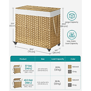 SONGMICS Laundry Hamper with Lid, 42.3 Gallons (160 L), Rolling Laundry Basket with Wheels, 3-Section Synthetic Rattan, Removable Liner, Bedroom, 27.6 x 14.2 x 26 Inches, Natural ULCB365N01