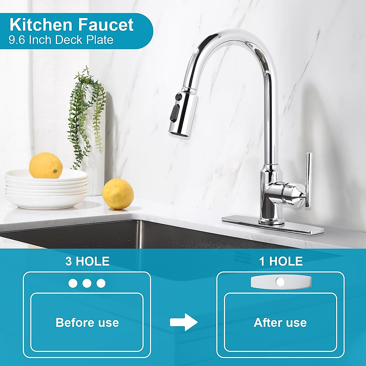 ARCORA 9.6 Inch Faucet Plate, Kitchen or Bathroom Faucet Deck Plate for 1 or 3 Hole, Stainless Steel Sink Hole Cover Escutcheon, Chrome