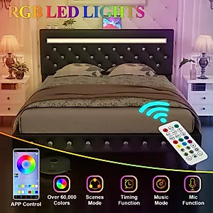 Kallabe Bed Frame Queen Size with Headboard, LED Leather Bed Frame Queen, Upholstered Platform Bed with USB Ports & Socket, APP Control, No Box Spring Needed, Black, TMY-US1015815-5