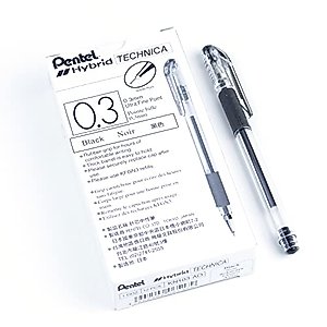 Pentel Arts Hybrid Technica 0.3 mm Pen, Ultra Fine Point, Black Ink, Box of 12 (KN103-A)