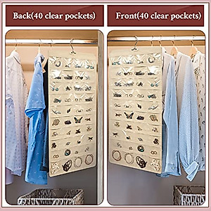 4 Pcs Hanging Jewelry Organizer with 80 Pockets Earring Storage Organizer Dual Sided Earring Holder Organizer Necklace Hanger Closet for Bracelet, Necklace, Ring, Knitting Tool, Accessories, Beige
