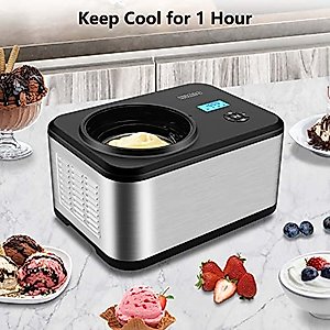 KUMIO 1.5 Quart Ice Cream Maker with Compressor, No Pre-Freezing, 4 Modes Ice Cream Maker Machine with LCD Display, Timer, Automatic Gelato & Yogurt Machine, Stainless Steel