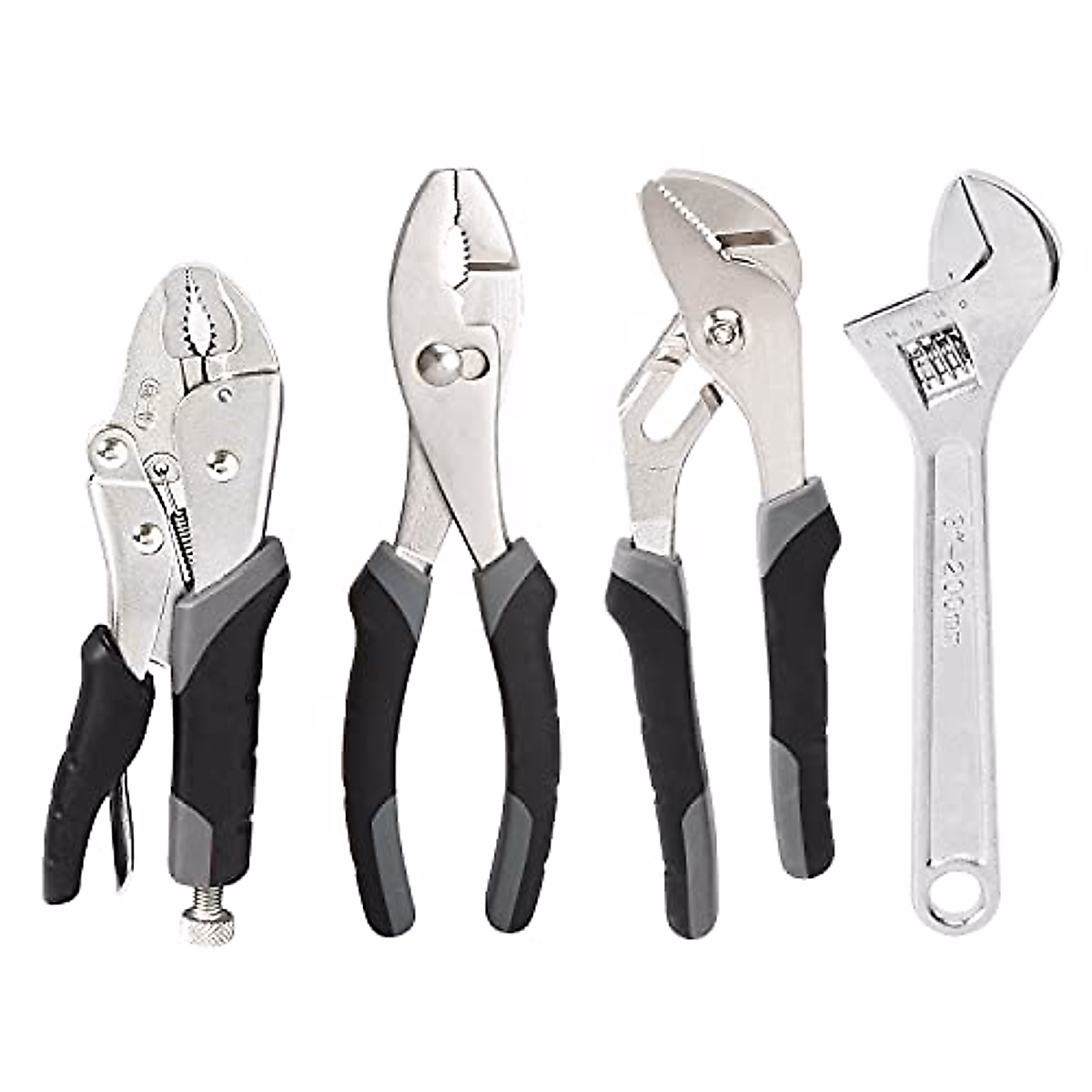 Amazon Basics 4-piece Plier and Wrench Set with 7-Inch Locking Plier, 8-Inch Slip-joint Plier, 8-Inch Groove Joint Plier, and 8-Inch Adjustable Wrench