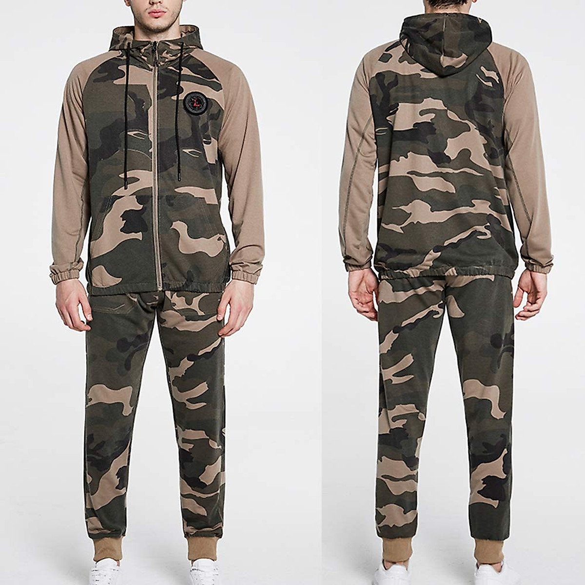 MANLUODANNI Men's Hooded Athletic Tracksuit Casual Full Zip Jogging Sweatsuits, TZ57 Khaki-L