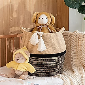 KAKAMAY Woven Baskets for Storage(17"x17"),Large Cotton Rope Basket Baby Laundry Hamper,Collapsible Basket, Blanket Organizing Living Room,Nursery,Clothes,Toy chest (Black)