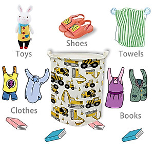 Runtoo 19.7" Large Sized Laundry Hamper Waterproof Foldable Canvas Construction Transports Theme Bucket Clothing Laundry Basket with Handles for Storage Bins Kids Room Home Organizer Nursery Storage