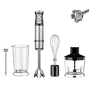 HOUCAE Hand Blender, Turbo for Finer Results, 4-in-1 Gift Set, 500 Watt 6-Speed Immersion Multi-Purpose Hand Blender Heavy Duty Copper Motor Brushed 304 Stainless Steel With Whisk, Milk Frother Attachments. Black.