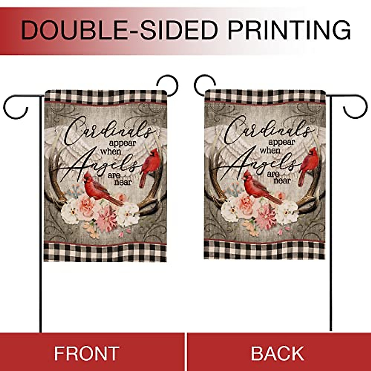 Hzppyz Cardinals Appear When Angels are Near Spring Peony Flower Home Decorative Garden Flag, Buffalo Plaid House Yard Red Bird Double Sided, Outside Decoration Farmhouse Outdoor Small Decor 12x18