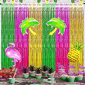 Luau Hawaiian Party Decorations, Flamingo Party Decorations, Green Rose Red and Yellow Foil Fringe Backdrop, Beach Bachelorette Streamer for Tropical Hawaiian Aloha Party Decorations(3 Pack)