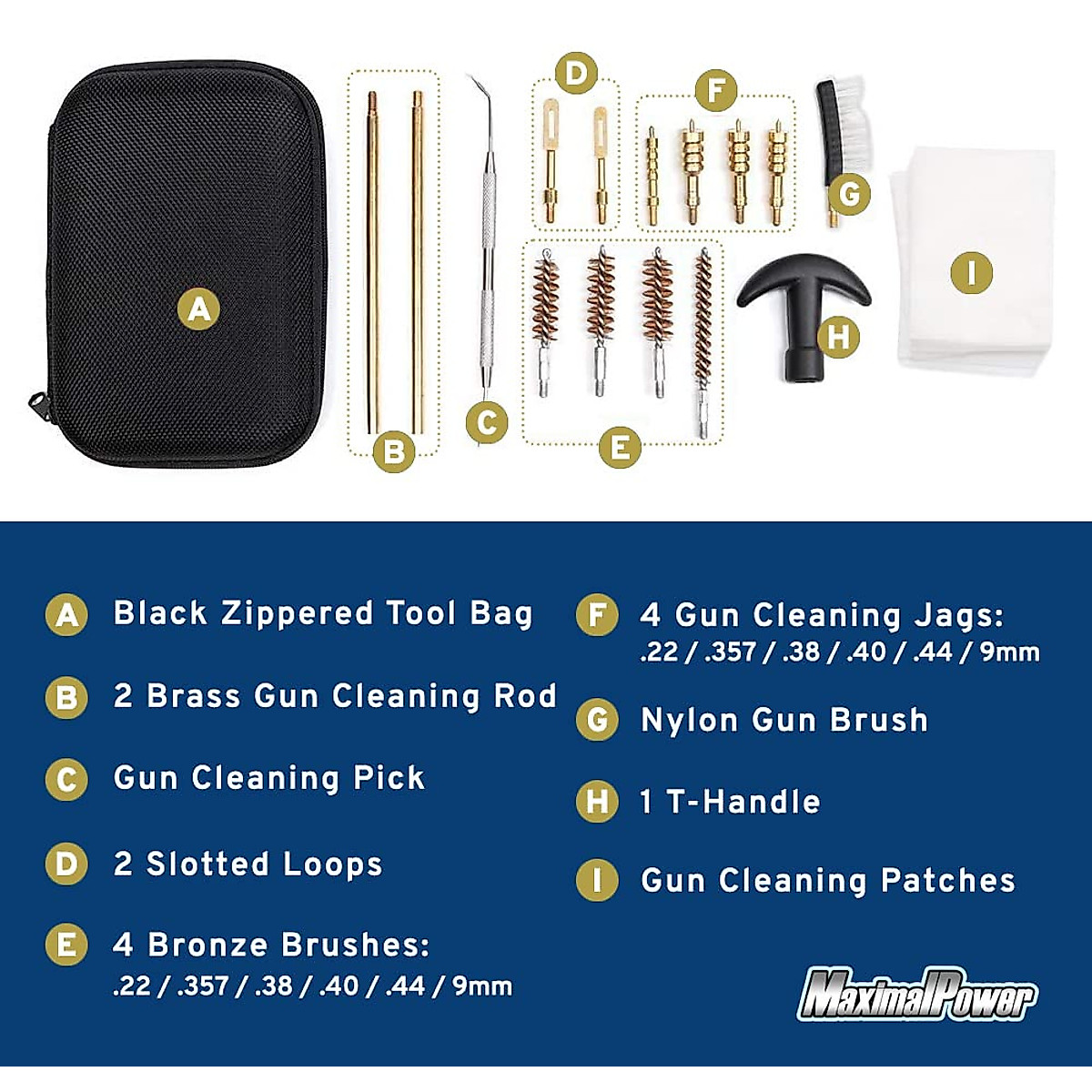 MaximalPower Mini Gun Cleaning Kit for .40 .45 .22 .38 9mm Caliber - Bore Brush and Brass Jags Adapter for Rifle Pistol - Includes Portable Travel Case - 16 Piece Set