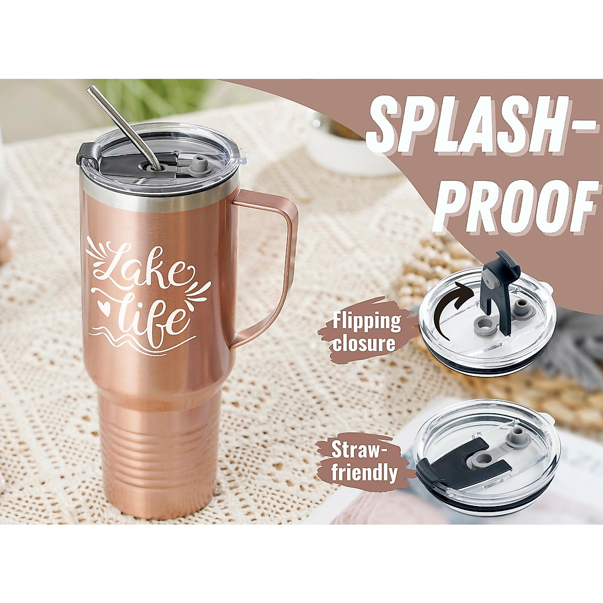 Onebttl Lake House Gifts, Lake Gifts for Women, Men, 40oz Insulated Travel Cup with Handle Lake Life Gifts, Housewarming Gifts for Lake House, Gifts for Lake Lovers, Rose Gold - Lake Life