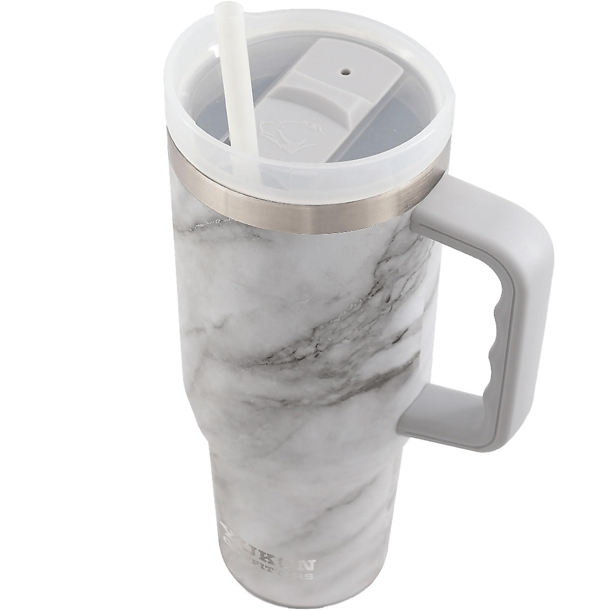 Yukon Outfitters Fit Forty 40oz Double Wall Vacuum Insulated Stainless Steel Tumbler with Reusable Straw & Ergonomic Handle | For Hot or Cold Beverage, White Marble
