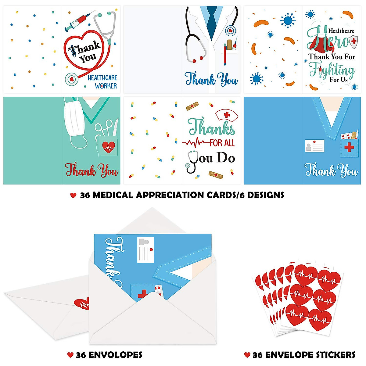 Medical Thank You Cards for Nurses Doctors 36Pcs Medical Cards Healthcare Workers Cards Thank You Doctor Cards with Envelopes and Stickers