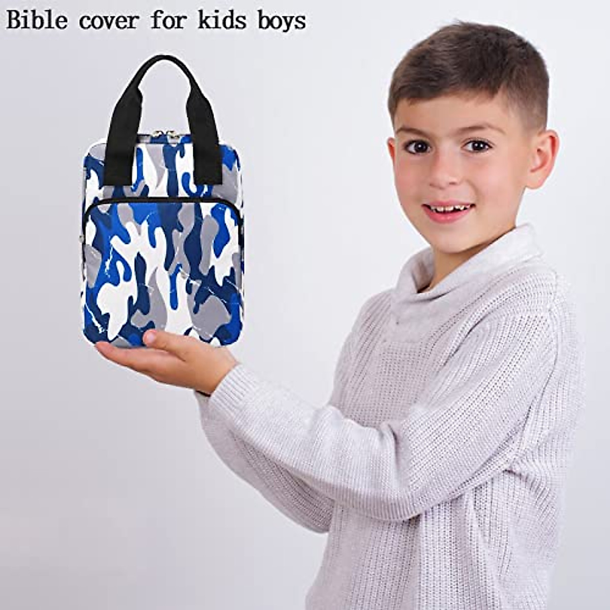 DSIUE Bible Cover for Kids Boys Book Carrying Case Scripture Bag with Handle Pockets Childrens Teens Church Bag Camo Blue