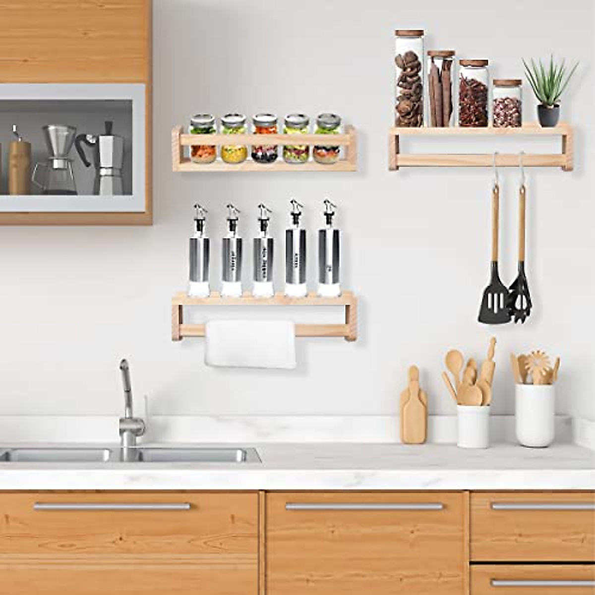 Set of 3 Nursery Room Shelves, Floating Bookshelf for Toddler Baby Room Bedroom Kitchen Bathroom, Small Book Shelf Organizer for Kids, Solid Wood Hanging Book Shelf for Wall Mounted Decor