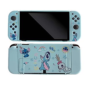 Cute Stitch Case Compatible with Nintendo Switch OLED, Dockable Case Cover, Ergonomic Soft TPU Grip Case for Joycon, Sparkle Skin Set