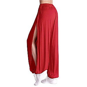 ARJOSA Women's Side Slit Harem Yoga Pants Split Wide Leg Lounge Beach Pants Pajama Bottoms (Large, Red)