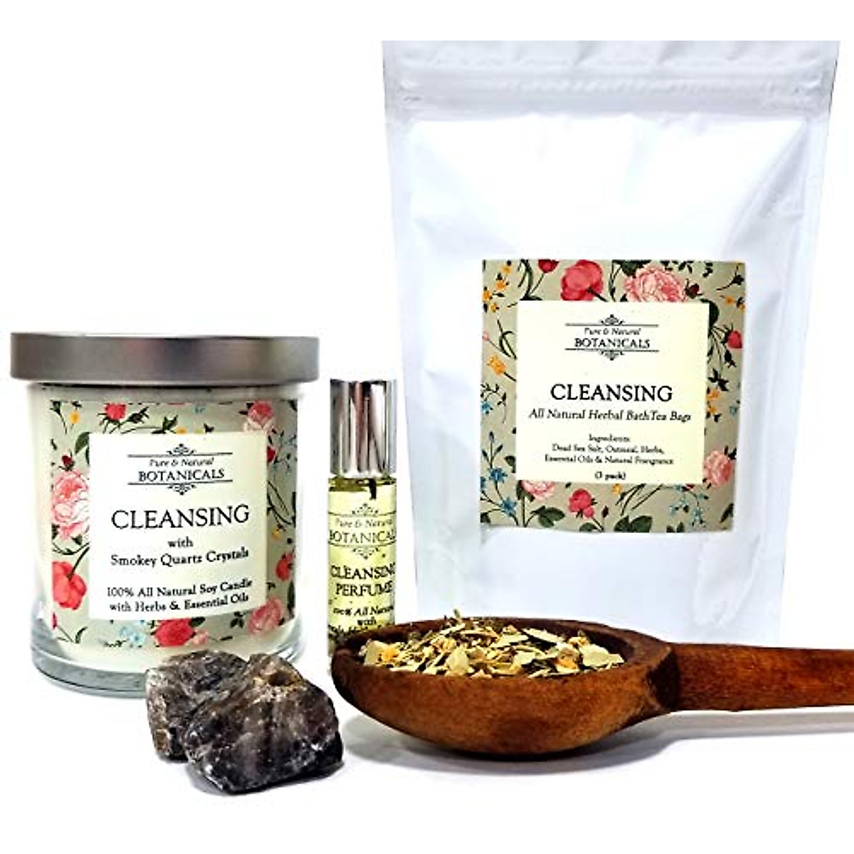 Cleansing Pure & Natural Ritual Kit 100% Natural & Non-Toxic for Purification, Bad Energy & Spiritual Cleansing with 1 Candle,a Roll-On Perfume & 3 Herbal Tea Bath Bags Pagan Hoodoo Conjure Wiccan