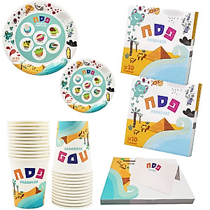 Passover Disposable Seder Plate Set - Ten Plagues Design - 9" and 7" Plates, Cups, Napkins, and Place Cards, 120 Piece Set, Serves 24 People