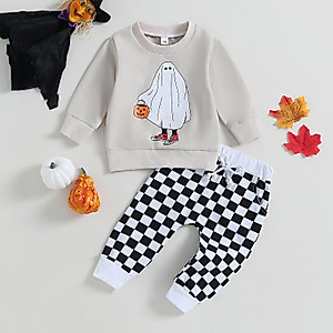 Lucikamy Toddler Baby Boy Halloween Outfit Long Sleeve Ghost/Pumpkin Sweatshirt Tops Elastic Pants 2PCS Fall Winter Clothes (Light Grey, 18-24 Months)
