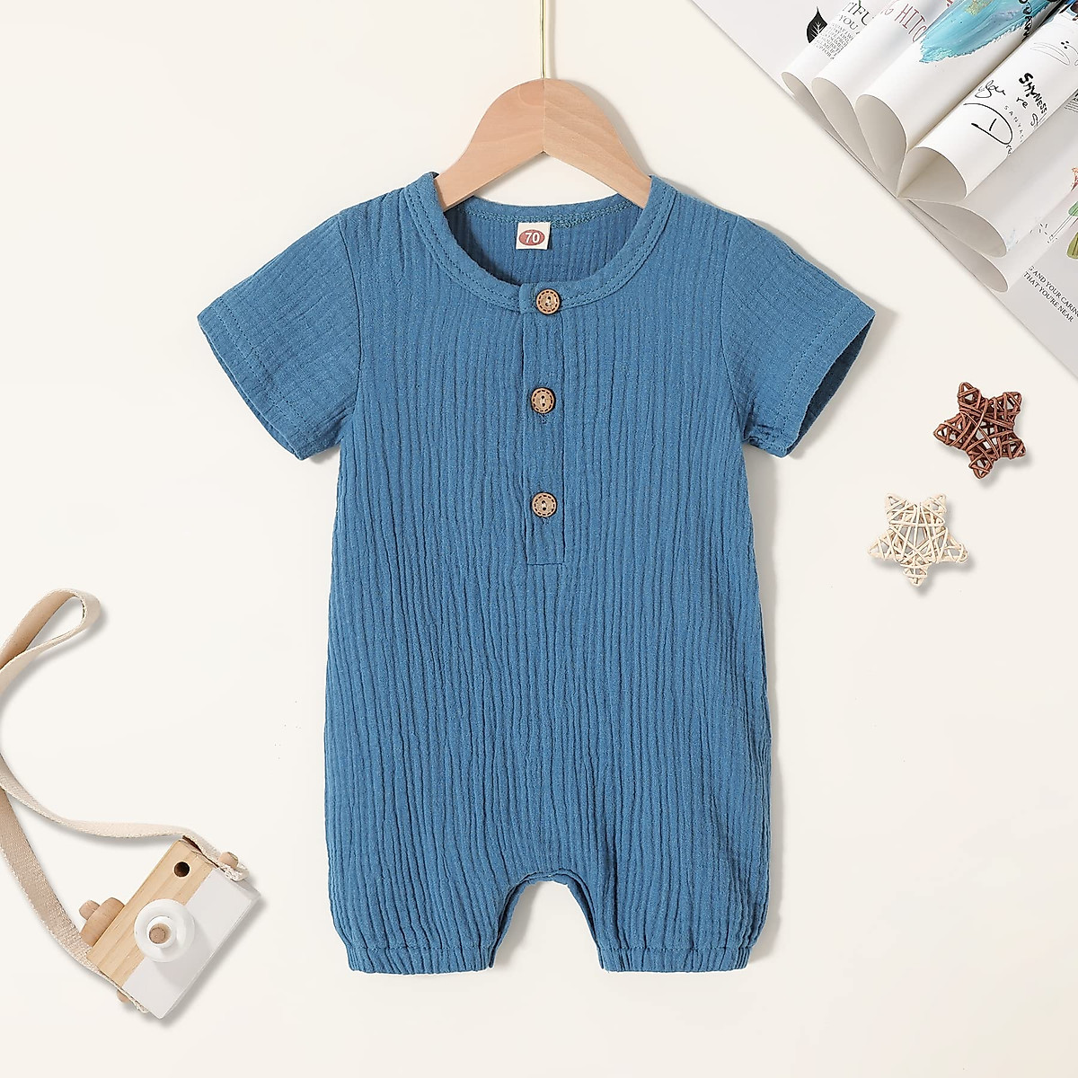 Happy Town Infant Baby Girl Boy Jumpsuit Cotton Linen Romper Short Sleeve One-Piece Bodysuit Infant Summer Clothes Outfits (Blue, 6-12 Months)