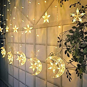 FUNPENY Solar Star and Moon Fairy String Lights 138LED 8 Lighting Modes Outdoor/Indoor Waterproof Twinkle Curtain Light for Backyard Garden Patio Home Ramadan Decoration