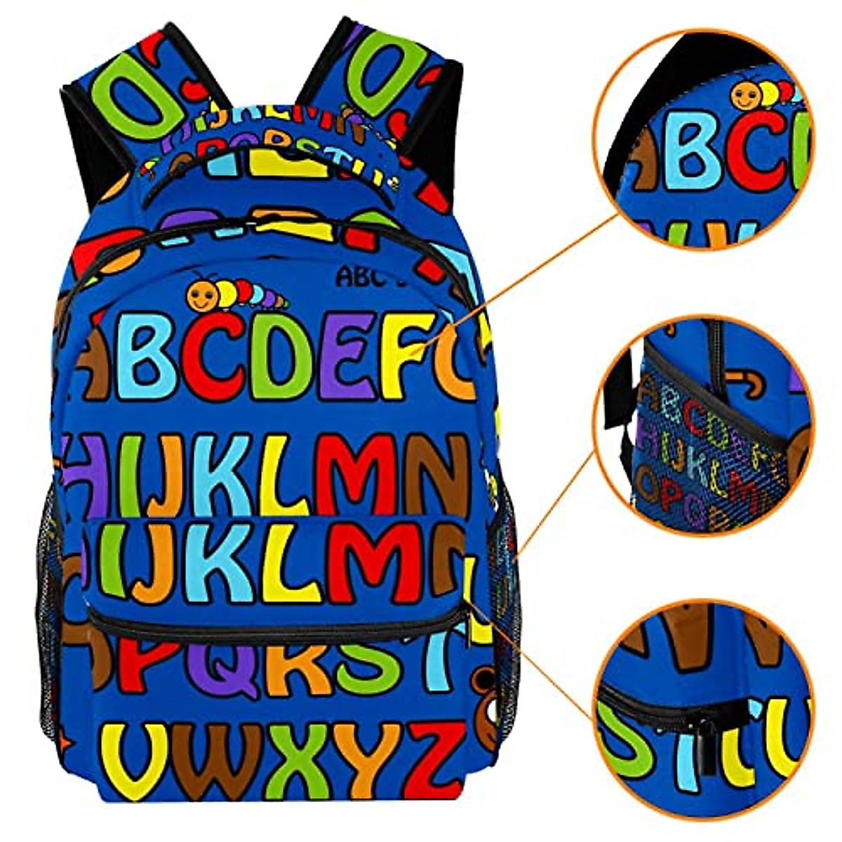 Colorful Alphabet Pattern Blue Lightweight School Classic Backpack Travel Rucksack for Women Teens