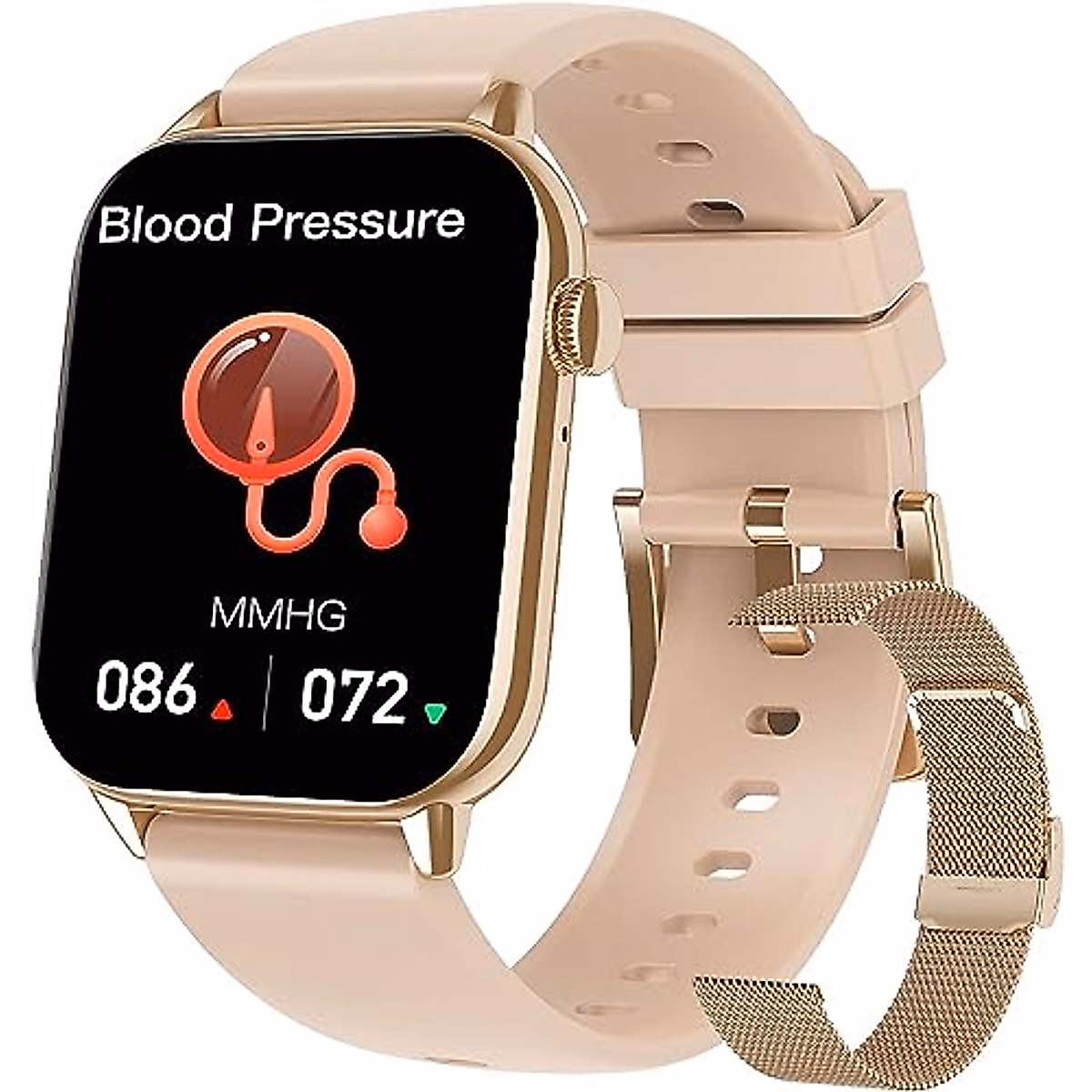 yussa Blood Pressure Smartwatch | Android Smartwatch &iPhone Compatible | Answer/Make Calls | Speaker | 2Straps | 1.86'' Full Screen | Fitness &Health Tracking | +20 Sports | Man and Woman (Pink)