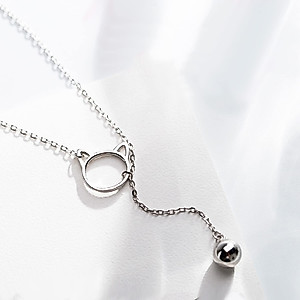 Dankadi Fashion Women 925 Sterling Silver Necklace - Cute Cat/Bell Pendant choker 11x11x5mm - Clavicle Rolo Chain 17 Inch Fine Jewelry Gift