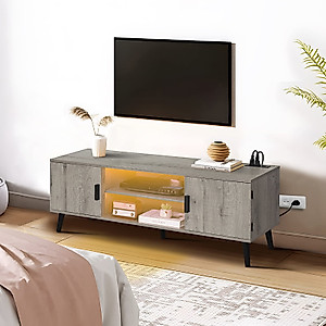 Quimoo TV Stand for 55 inch TV, LED Entertainment Center with LED Lights & Power Outlet, TV Console with 2 Cabinets & Open Shelf, Media Console for Living Room, Bedroom, Grey