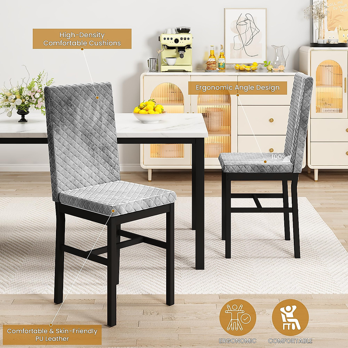 Recaceik Dining Table Set for 4, Kitchen Table and Chairs Set of 4, Faux Marble Dinner Table Set with 4 Upholstered Velvet Chairs, Dining Room Table Set for Kitchen Dining Room (White & Grey)