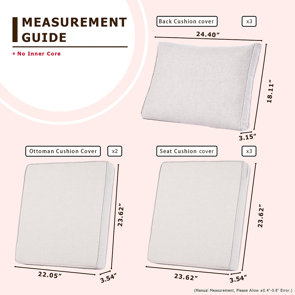 HOOOWOOO Outdoor Cushion Covers,Breathable Patio Cushion Covers Replacement,Cushions Slipcovers with Zipper for Outdoor Outside Patio Furniture Sofa Couch Ottoman Seat Back Pillow,8 PCS Beige