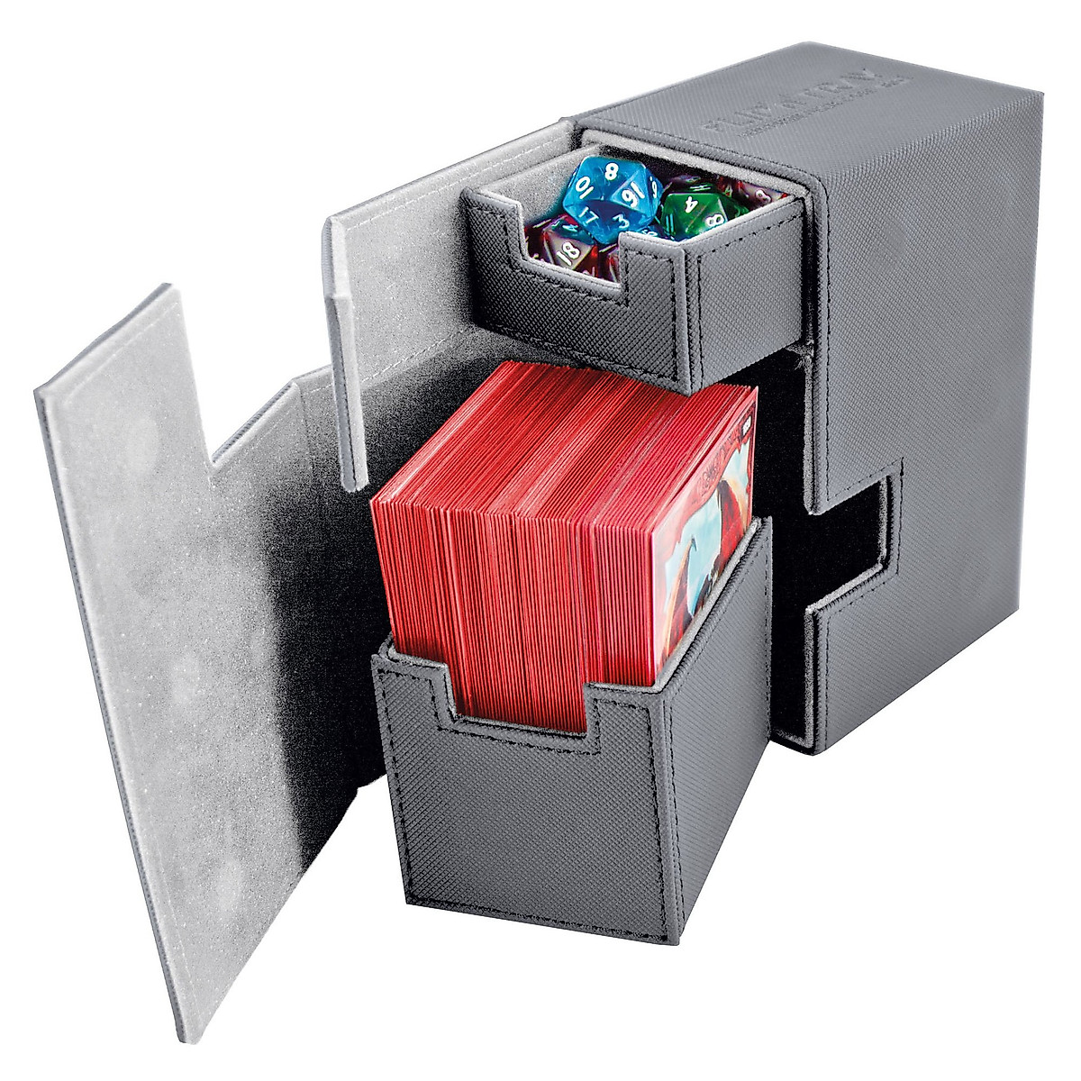 Ultimate Guard Flip 'n' Tray 80+, Deck Case for 80 Double-Sleeved TCG Cards + Dice Tray, Grey, Independent Magnetic Closure & Microfiber Lining