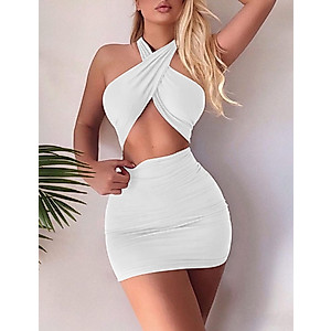 Women's Sexy Ruched Bodycon Halter Criss Cross Cut Out Backless Mini Club Party Dresses, Medium, White