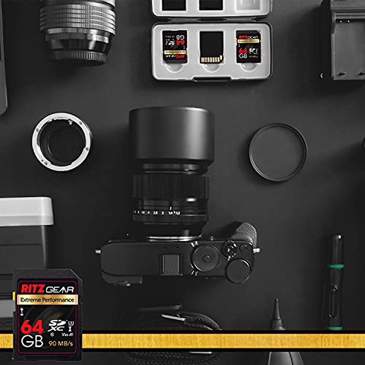 Ritz Gear SD Card SDXC UHS-I 64GB Extreme Performance High Speed 90/60 MB/S U3 A1 Class-10 V30 Memory Card for Camera + Memory-Card-Reader-and-Wallet