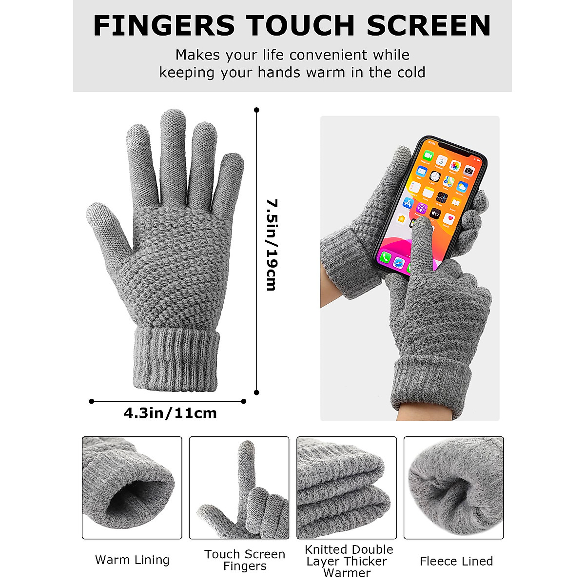 12 Pcs Winter Beanie Hat Scarf Touchscreen Gloves Set Fleece Lined Knit Beanie Hat Neck Warmer Scarf for Men Women (Black, White, Beige, Gray)