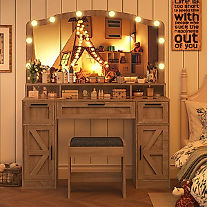 usikey Farmhouse Vanity Desk with Large Lighted Mirror and 10 Lights, 43.3" Glass Tabletop Makeup Vanity with 3 Drawers, Large Vanity Tabel Set with Long Storage Shelf, 2 Cabinets and Stool, Maple