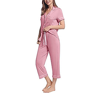 Joyaria Bamboo Pajamas for Women Cooling Capri Pj Sets Short Sleeve(Dusty Pink,Large)