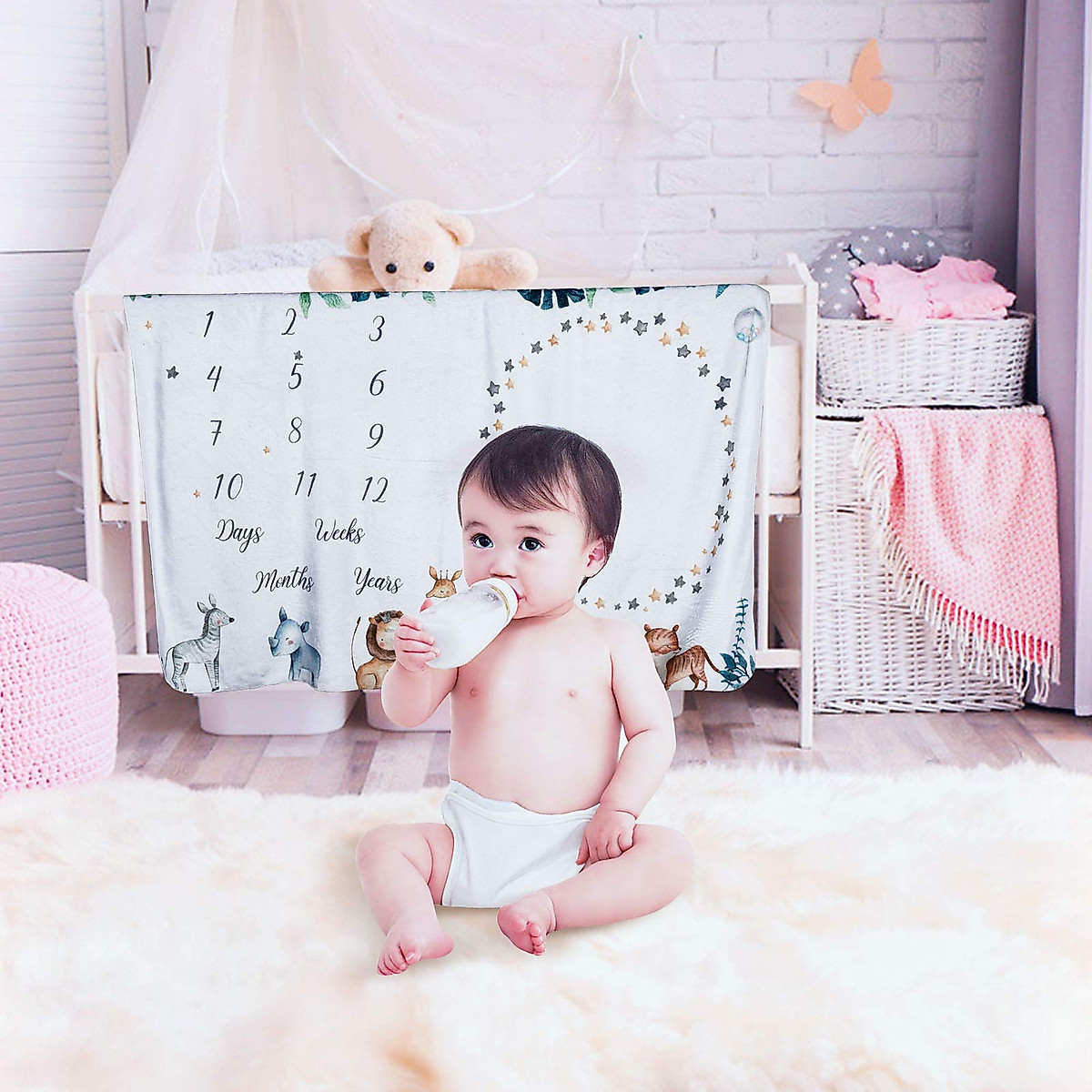 Baby Monthly Milestone Blanket - Nursery Decor for Newborn Baby Shower - Personalized Soft Fleece First Year with Days/Weeks/Months/Years - Markers & Frame &12 Stickers Included - Large 55"x40"