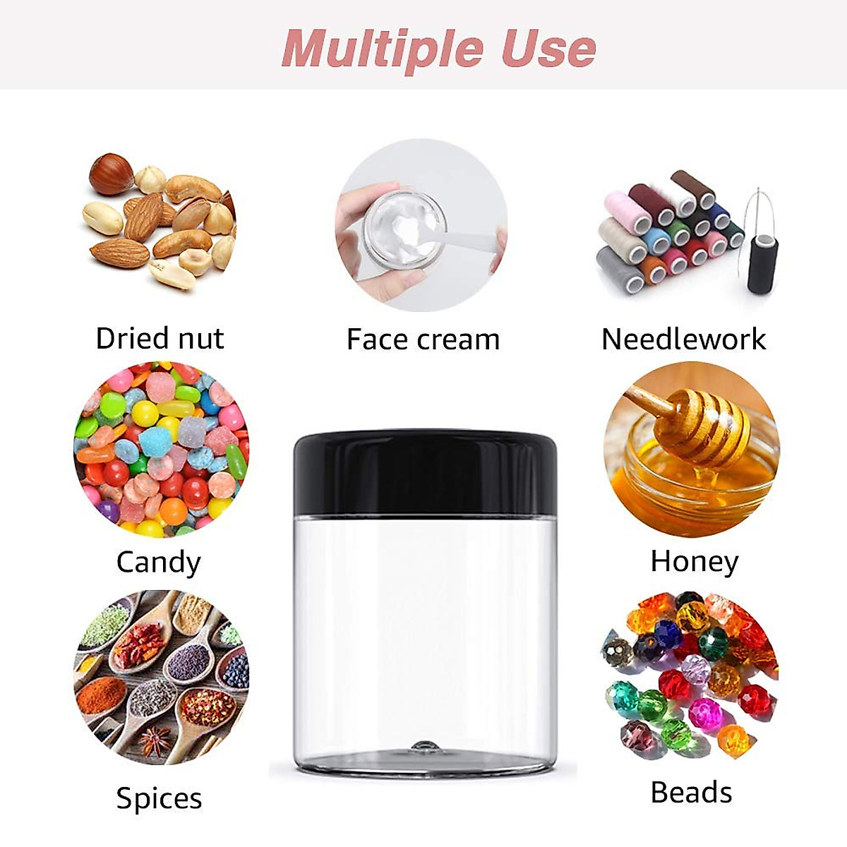 2oz Plastic Jars Round Cosmetic Containers with Lids | 20 Gram Clear Small Sample Containers (Set of 48) for Cream, Body Butter, Eye Shadow, Rhinestone, Lip Scrub, Travel - Labels & Spatulas