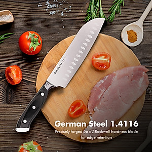 SimCoker Santoku Knife 7 Inch, Cutting Knife, Sharp Kitchen Knives with Sheath, German High Carbon Stainless Steel EN1.4116, Chef Knife with Ergonomic Pakkawood Handle