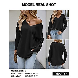 Womens Casual Waffle Knit Loose Long Sleeve Shirts V Neck Pullover Sweater Tops Fall Outfits Black