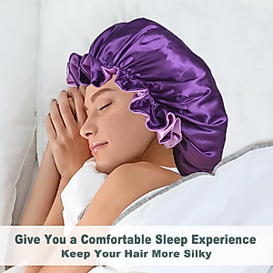 COOLCHI 2 Pieces Satin Bonnet Cap Elastic Double-Layer Silk Sleeping Head Cover for Women Adjustable Lined Hair Wrap for Long Curly Hair (Khaki+Purple)