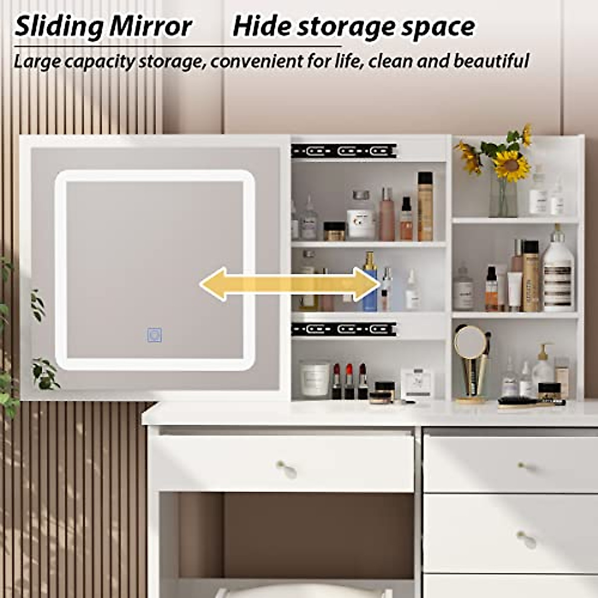 AIEGLE Large Vanity Desk Set with Sliding Lighted Mirror, Makeup Dressing Table with Hidden Shelves & Cushioned Stool, White - Sliding Lighted Mirror