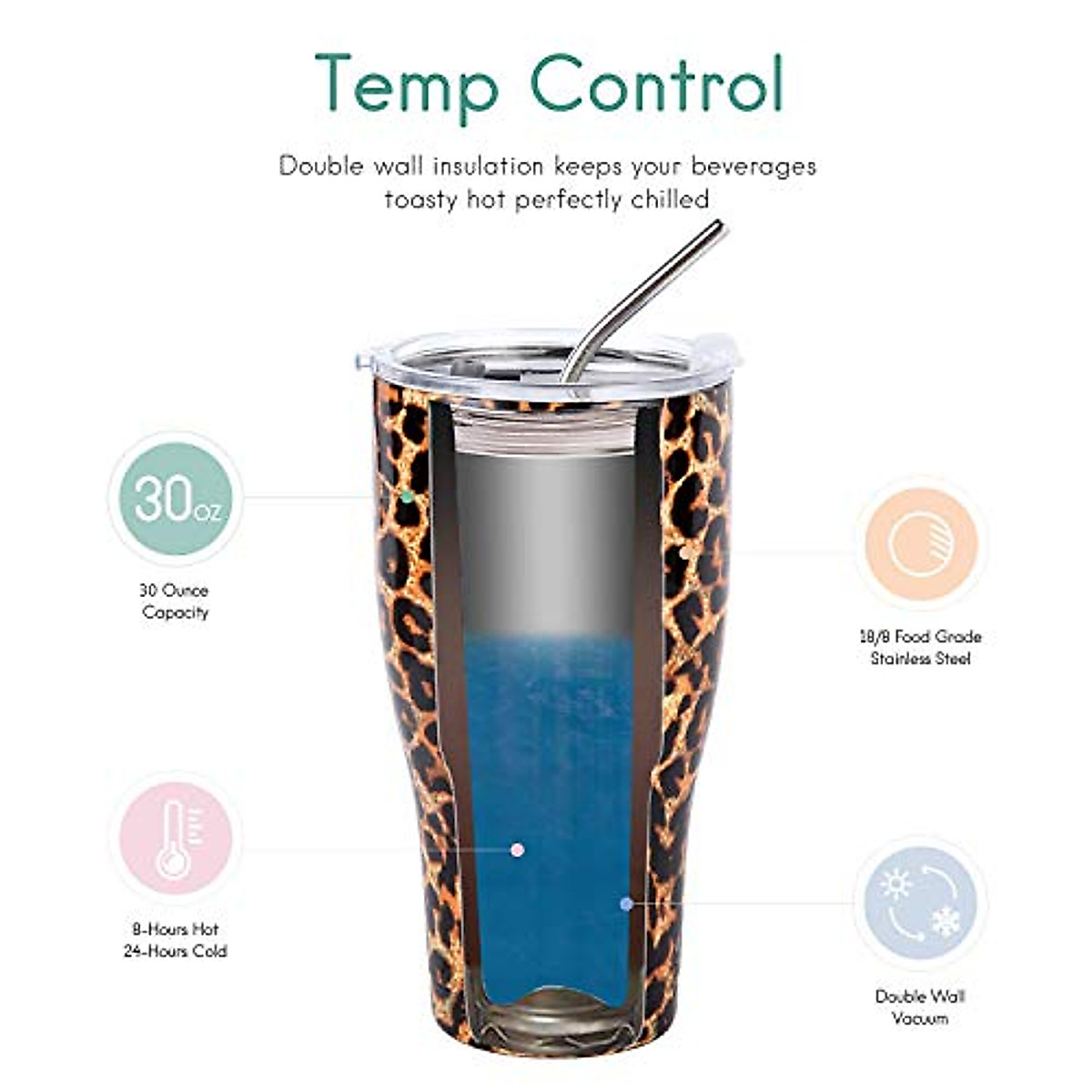 BR JUNKER 30 oz. Tumbler Double Wall Stainless Steel Vacuum Insulation Travel Mug with Crystal Clear Lid and Straw, Water Coffee Cup for Home,Office,School, Ice Drink, Hot Beverage,Leopard,Slim