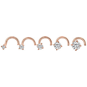 14K Solid Rose Gold, Twisted Bar Nose Stud, Diamond Nose Stud, Micro Nose, Screw Nose Stud, Body Jewelry Rose Gold (1.50 ml Cubic Zircon)