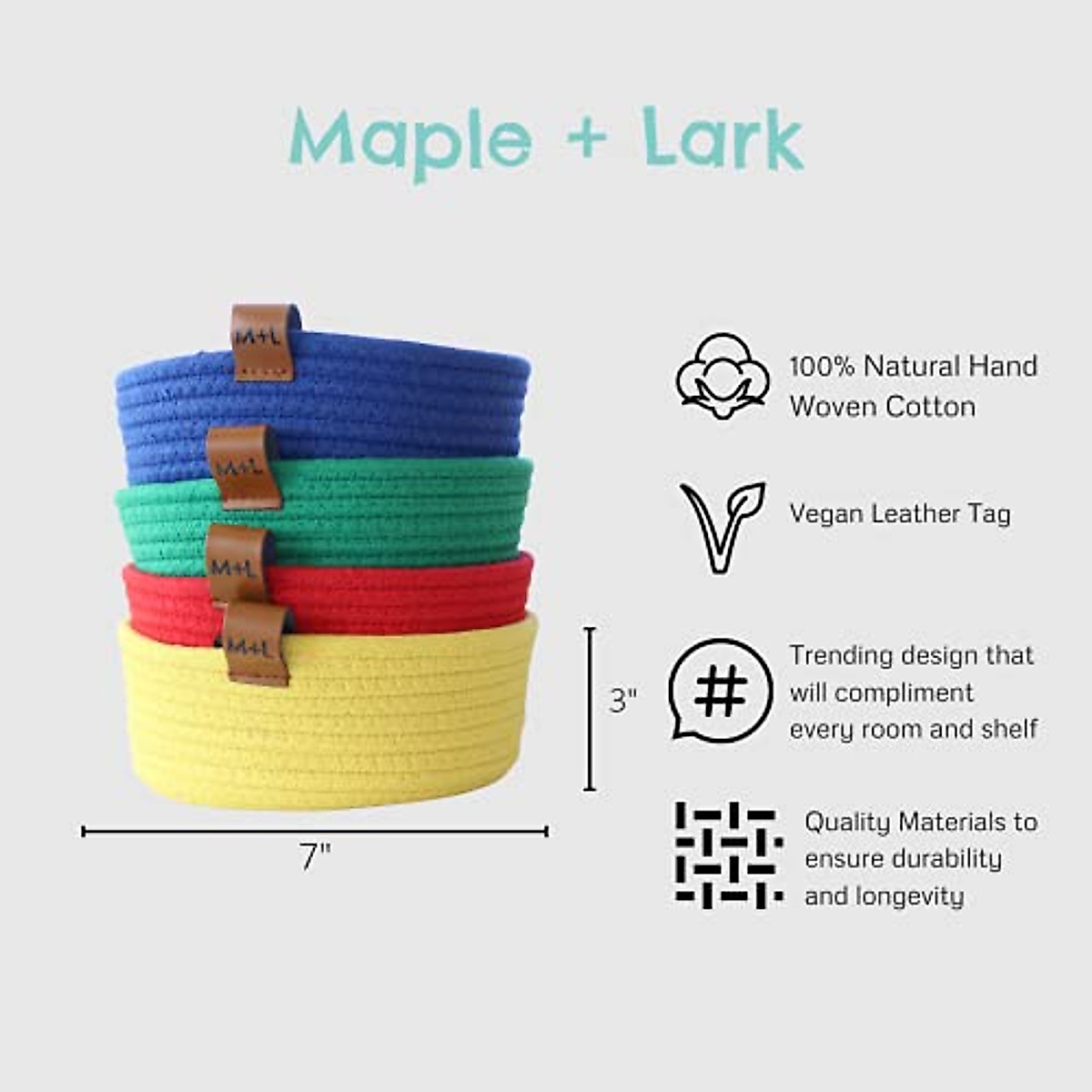 M+L Maple and Lark Woven Cotton Rope Basket, 7 x 3 inch Basket For Toy Storage Household Storage Nursery Bin Playroom Storage Playroom Bin Toy Bin (Primary Set ( Red, Yellow, Green, Blue))