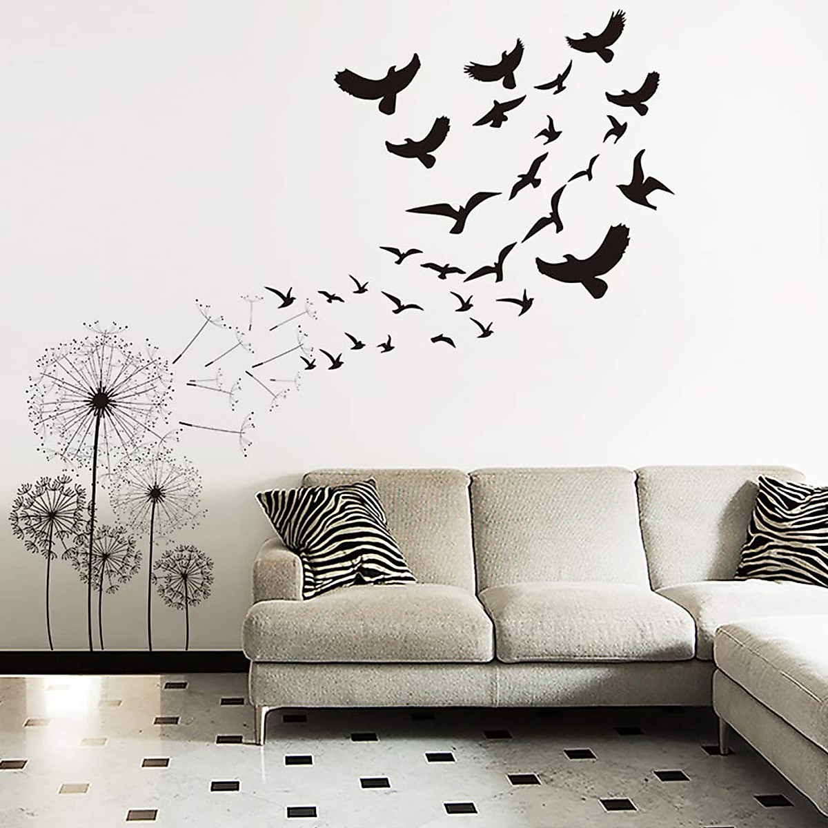 ELOOR Dandelion Birds Wall Decals Flying Flowers Wall Stickers Dandelion Wall Art Living Room Bedroom Decor for Living Room Kids Room(Black)