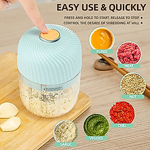 Electric Garlic Chopper, Portable Veggie Chopper, 350ML Garlic Grinder Masher Onion Chopper, Blender to Vegetable, Cordless Food Processor for Ginger, Chili, Fruit, Meat, Spices, Beans, etc(Green)